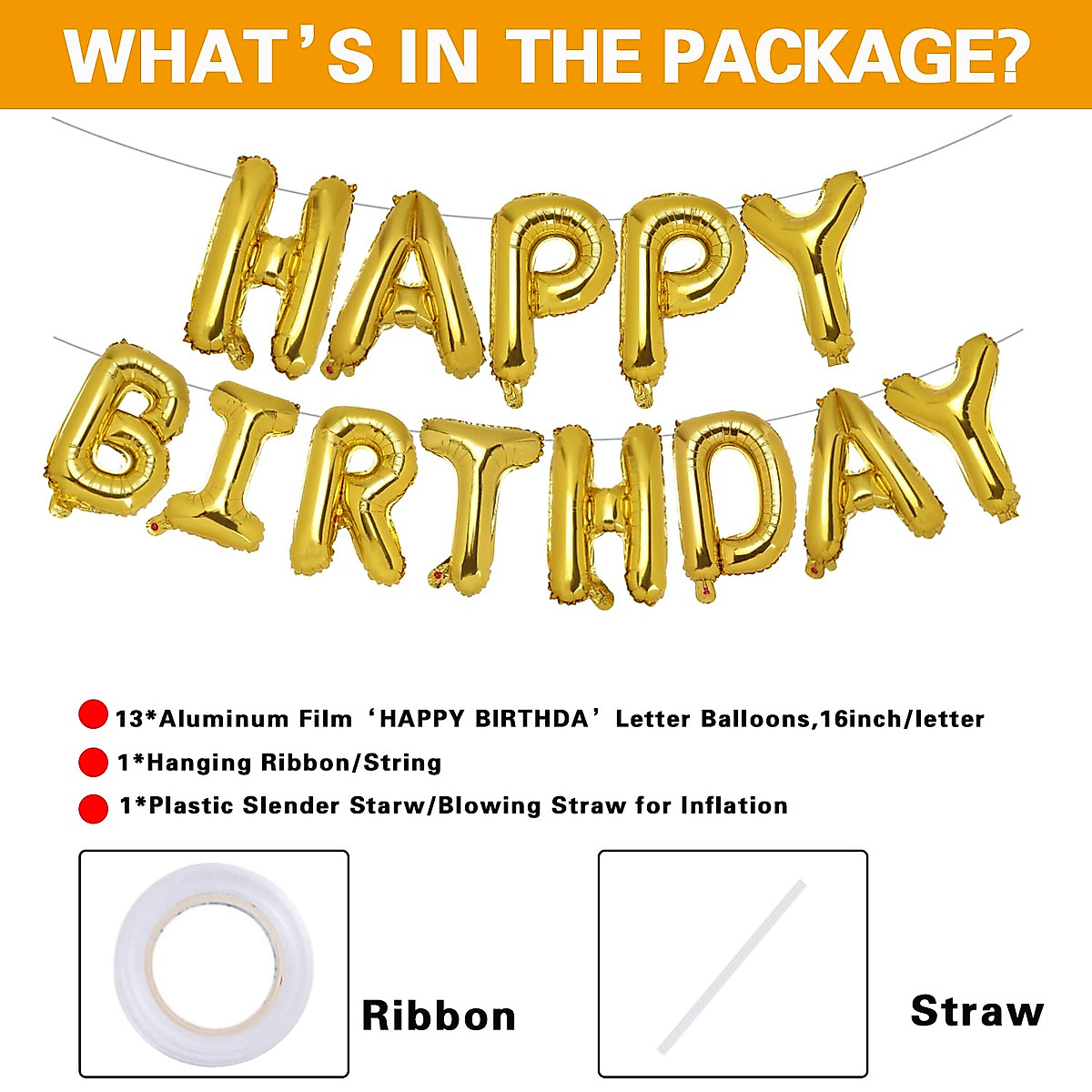 Accevo Gold Happy Birthday Balloons 16 Inch Mylar Foil Letters Balloons Happy Birthday Banner for Kids Child Adults Boys Girls Happy Birthday Sign Birthday Party Decorations Supplies