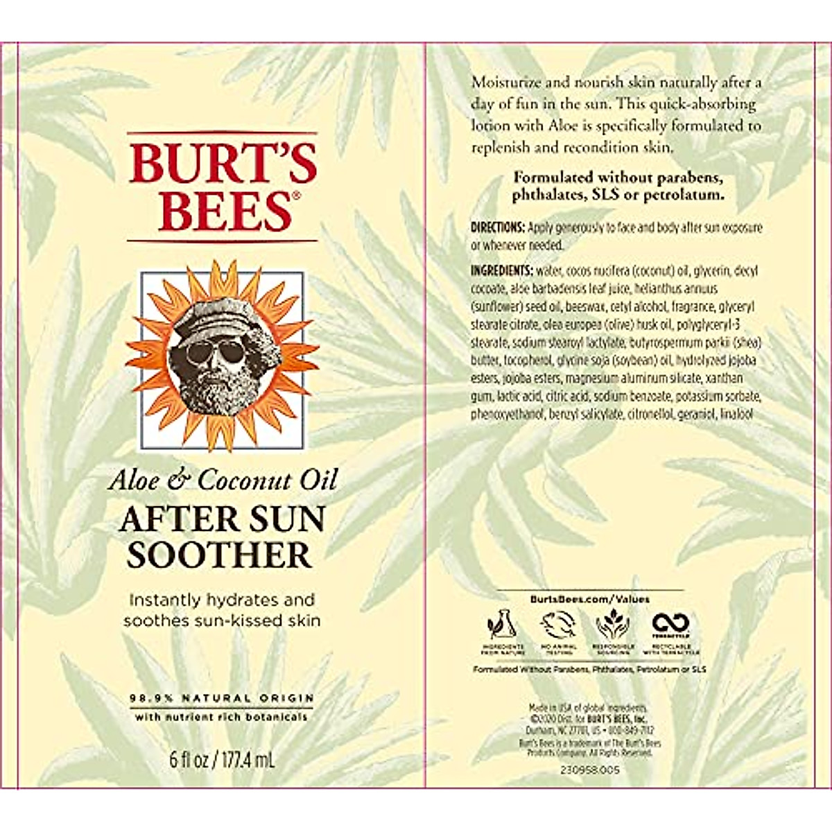 Burt's Bees Lotion, Hydrating Aloe & Coconut Oil Sun Burn Relief, Natural After Sun Soother, 6 Ounce (Packaging May Vary)