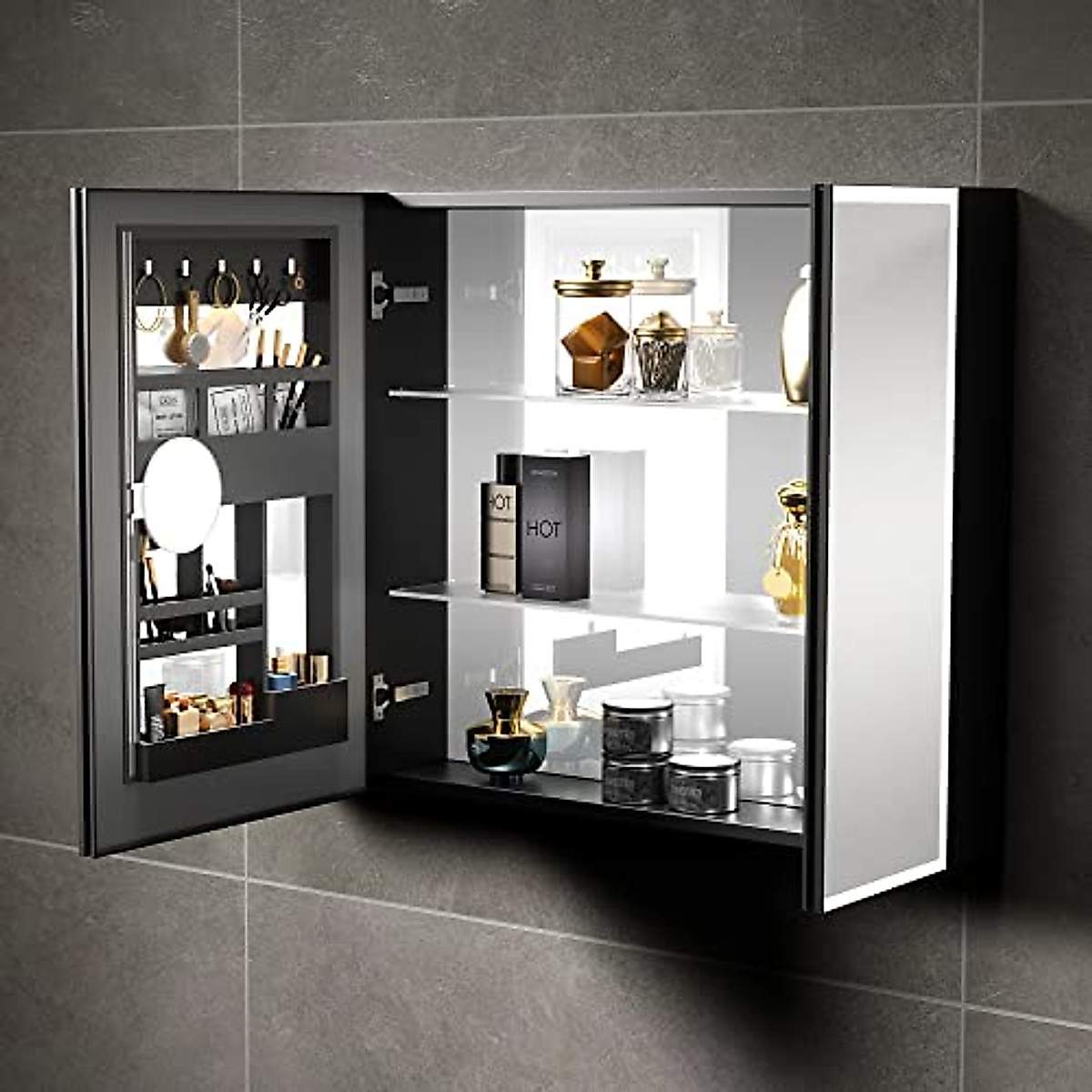 VESLINY Medicine Cabinets 30x32 LED Lighted Medicine Cabinet with Mirror for Bathroom Double Doors with Flip-Out Magnifying Mirror Door Storage Defogger Dimmable Lighting Black Surface Wall Mount