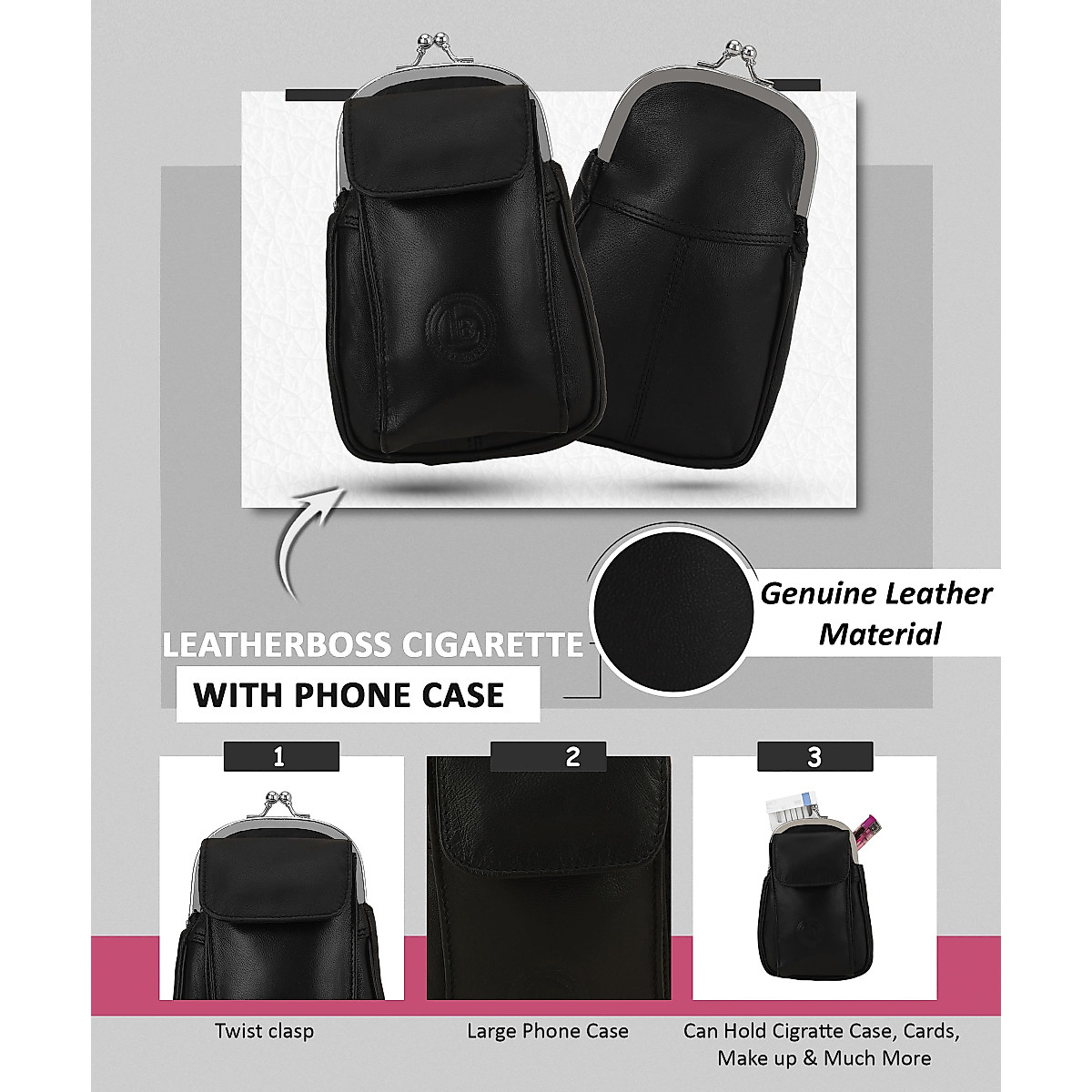 Leatherboss Leather Kiss Lock Pick-me-up Large Cigarette Money Make Up Holder Purse with Phone Case Black