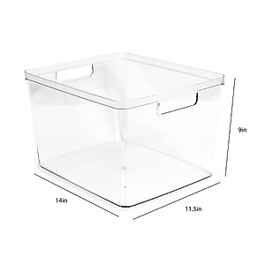 Isaac Jacobs 2-Pack Extra-Large Clear Storage Bins (11.5” L x 14” W x 9” H) w/ Cutout Handles, Plastic Organizer for Home, for Kitchen, Fridge, Pantry, BPA Free, Food Safe (2-Pack, Extra-Large)