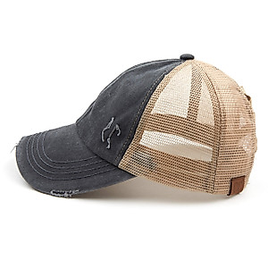 C.C Exclusives Washed Distressed Cotton Denim Criss-Cross Ponytail Hat Baseball Cap Bundle Hair Tie (BT-780)(BT-791) (A Elastic Band-Charcoal)