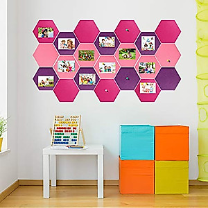 21 Pieces Pin Board Hexagon Felt Board Tiles Bulletin Board Memo Board Notice Board with 40 Pieces Push Pins for Home Office Classroom Wall Decor 5.9 x 7 Inches/ 15 x 17.7 cm (Rose Red, Purple, Pink)
