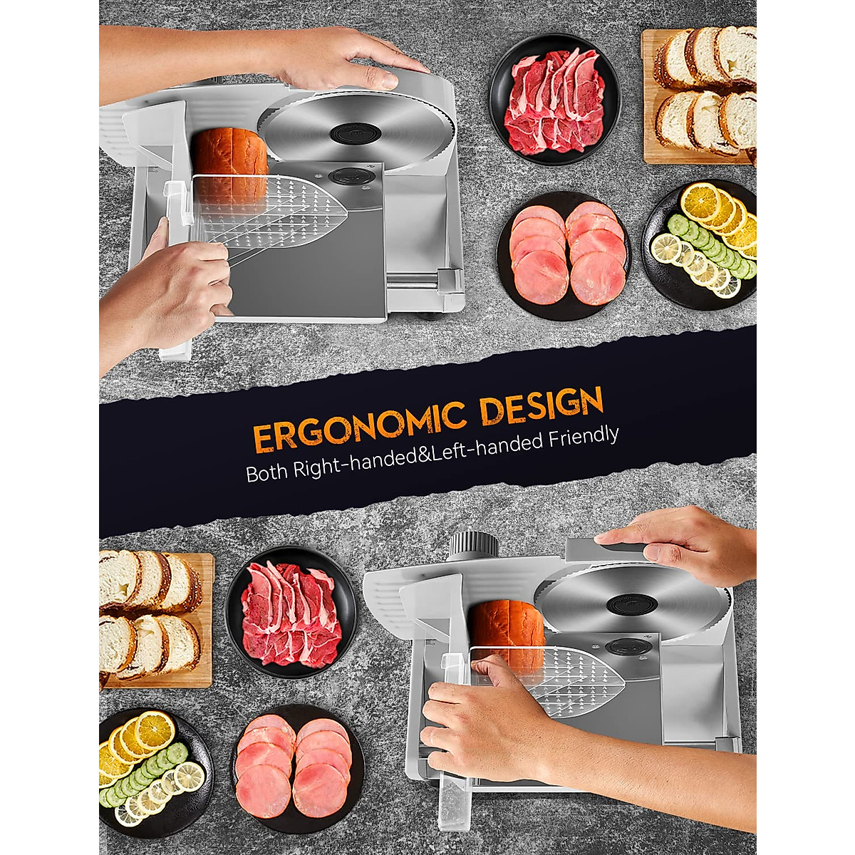 Meat Slicer Electric Deli Food Slicer with Removable 7.5’’ Stainless Steel Blade, Adjustable Thickness Meat Slicer for Home Use, Child Lock Protection, Easy to Clean, Silver, MIDONE