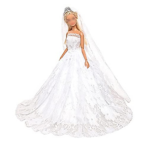 BARWA White Wedding Dress with Veil and Pink Princess Evening Party Clothes Wears Gown Dress Outfit with Hat for 11.5 Inch Girl Doll