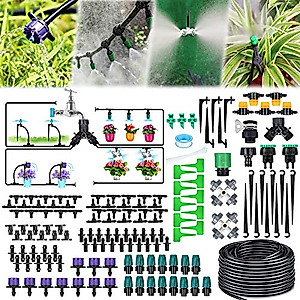 40m/132ft Irrigation Hose, 163Pcs Garden Irrigation System Micro Drip Irrigation Kit with Y Hose Splitter & 4 Types Nozzles & 5 Tubing Valves, DIY Auto Plant Watering Kit Misting Cooling System