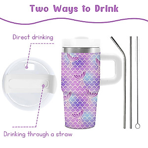 Mermaid Gifts for Women Girls, Mermaid Tail Tumbler with Handle and Straw 14 oz, Stainless Steel Mermaid Cups Mug, Mermaid Stuff, Mermaid Decor for Mermaid Lover for Birthday Valentines Day