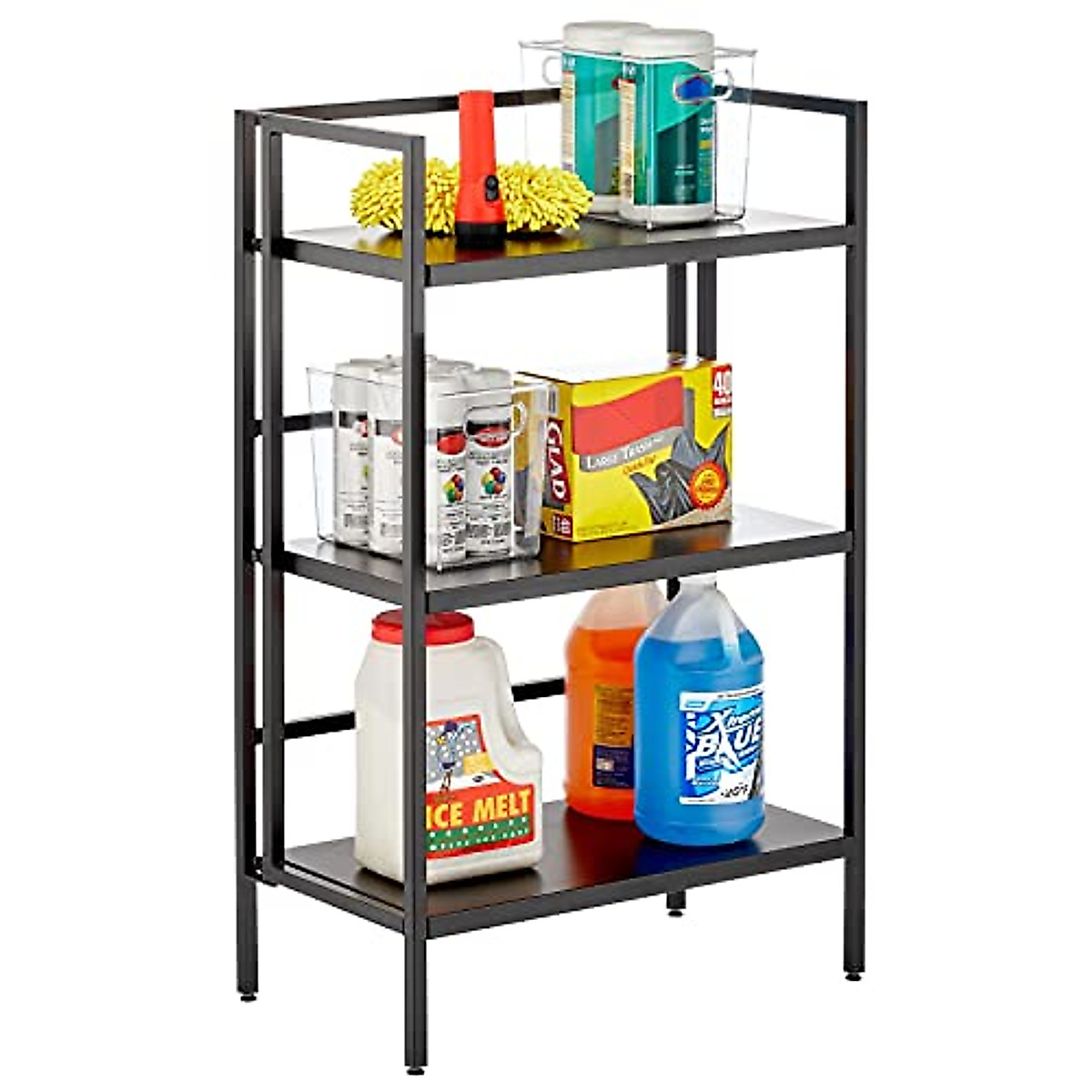 mDesign Modern Industrial 3-Tier Steel Organizer Shelf Rack - Collapsible Metal Storage Shelving Furniture Unit for Living Room, Bathroom, Office, and Bedroom - Black