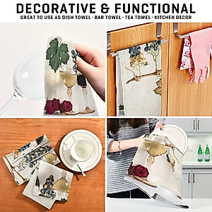 BOENLE Wine Grape Cluster Rose Flower Kitchen Towels Set of 4, Absorbent Microfiber Dish Hand Towel Farmhouse Quick Dry Cleaning Cloth Tea Towels Dishcloths