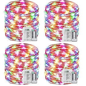 33Ft String Lights Battery Operated with Remote Control Timer, 100LED 4 Pack Waterproof 8 Modes Copper Wire Twinkle Fairy Lights for Bedroom Indoor Outdoor Wedding Dorm Christmas Decorations