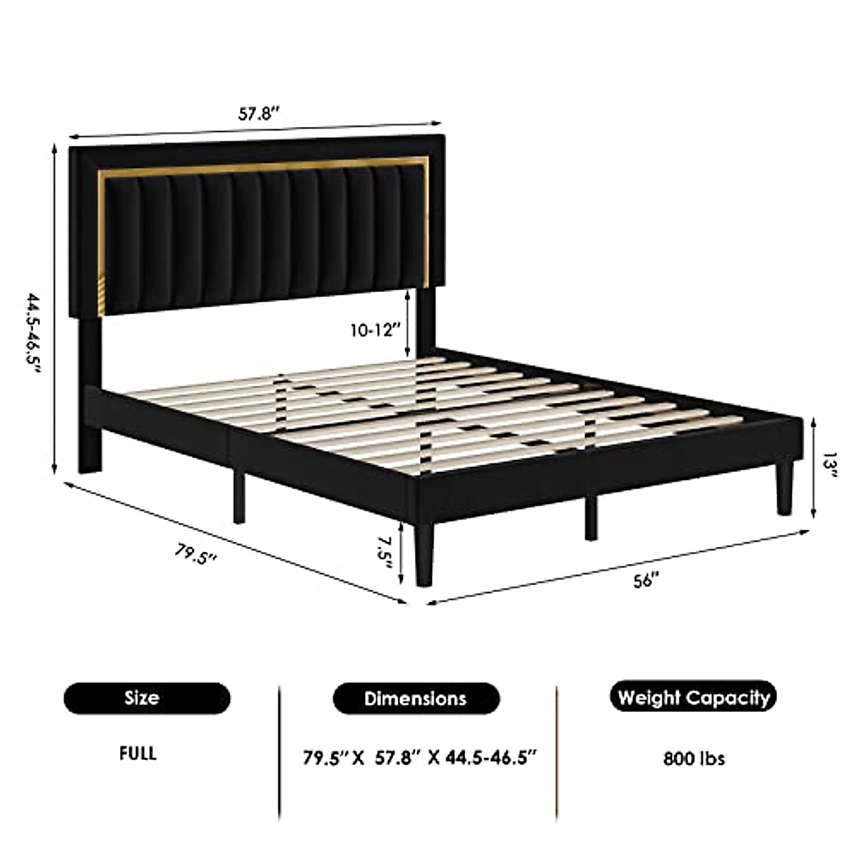 HITHOS Full Size Bed Frame with Adjustable Tufted Headboard, Velvet Upholstered Platform Bed Frame with Gold Trim, Heavy Duty Mattress Foundation with Steel Frame, Easy-Assembly Slats (Black, Full)