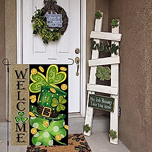 CROWNED BEAUTY St Patricks Day Garden Flag 12x18 Inch Double Sided for Outside Small Burlap Shamrocks Clovers Green Hat Gold Coin Lucky Welcome Yard Holiday Decoration CF726-12