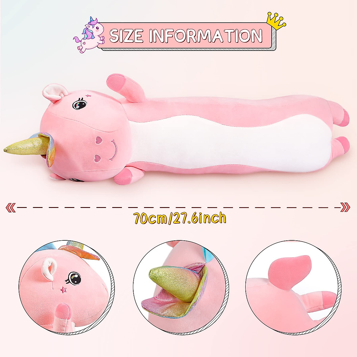 Unicorn Plush Pillow Long Soft Unicorn Body Pillow Big Unicorn Stuffed Animal Toys Cute Large Hugging Pillow Kawaii Toy for Kids Girls Children Baby Shower Birthday Valentine(Pink, 70cm/27.5Inch)