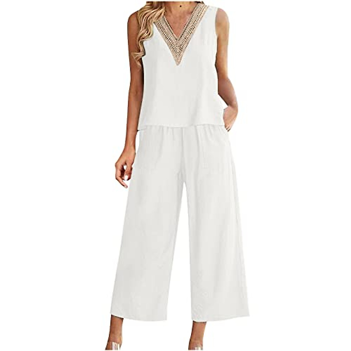 H-626 White Womens Pants Sets Faux Gauze Linen Pants Sets for Ladies Capri Cami Tank Flared Wide Leg Basic Bootcut Summer Fall Pants Sets Button 2023 Clothing Y2K MR XL