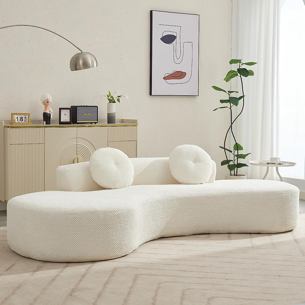 105.5" Modern Curved Sofa Couch for Living Room,Corduroy Fabric Cloud Sofa with 2 Pillows,Minimalist Style Comfy Couch,3 Seater,no Assembly Required,Beige