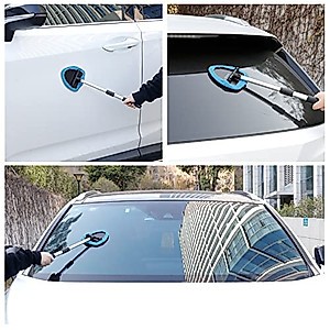 UYYE Windshield Cleaning Tool, Retractable Rotary Triangular Head Cleaning Brush,with Washable Fiber Cloth and Water Spray Kettle, Reusable Car Interior and Exterior Accessories Cleaning Kit, Blue