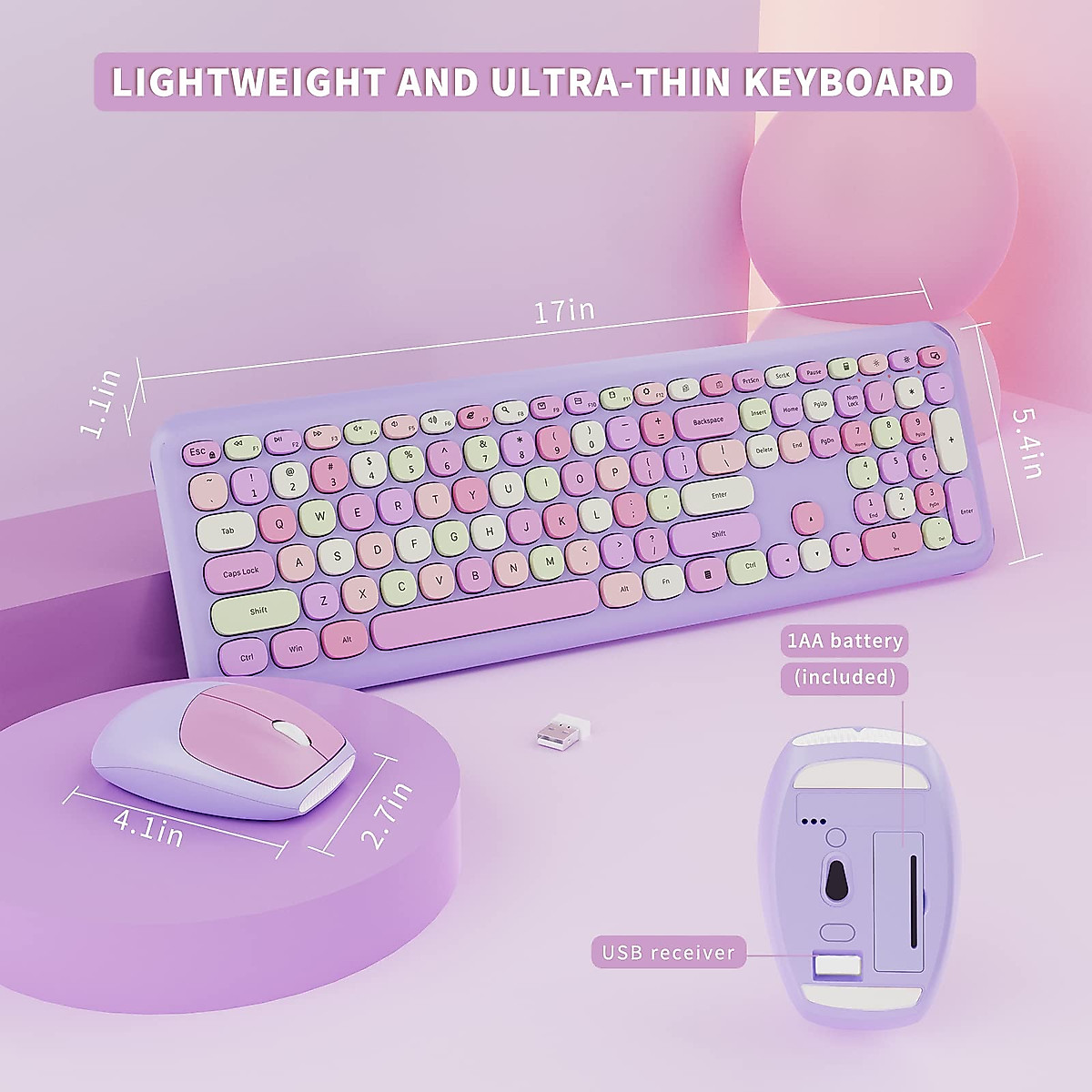Wireless Keyboard and Mouse Combo, Colorful Ergonomic Full Size Retro Low-Noise Keyboard with Cute keycaps, Compatible with Windows, PC, Perfer for Home and Office Keyboards (Purple)