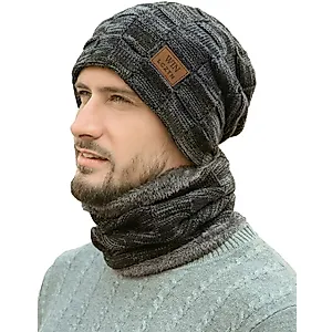 LCZTN Mens Winter Beanie Hat Scarf Set Warm Fleece Lined Knit Ski Hats Slouchy Skull Cap for Unisex Gift (Black)