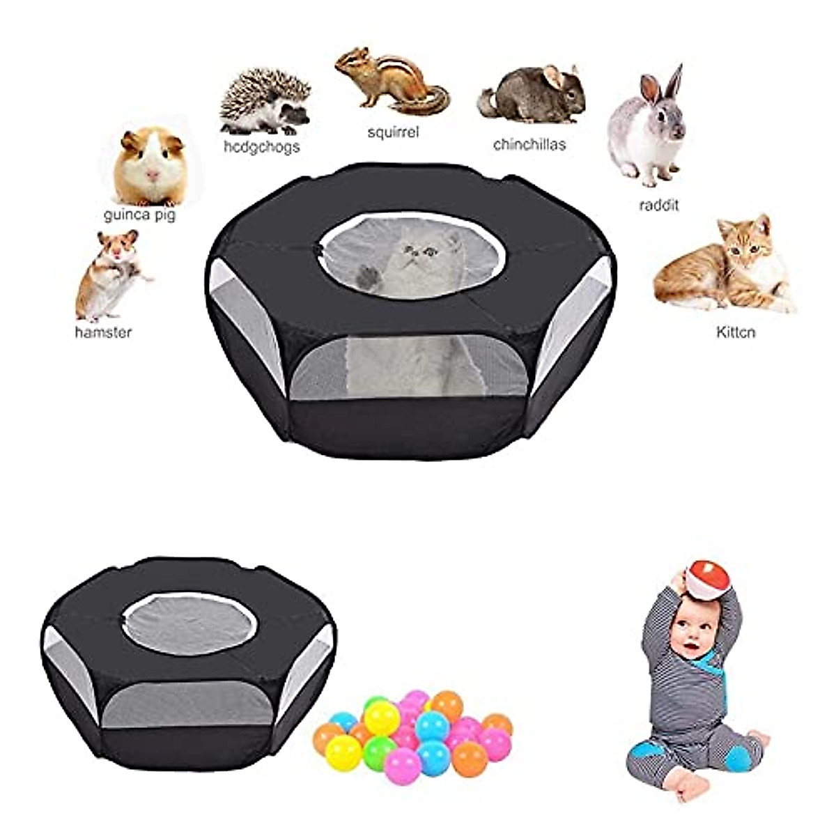 Mantouxixi Small Animal Playpen with Cover, Animal Chinchilla, Hamsters, Bunny, Rabbits, Kitten Kitten Ferret Playpen with Cover - Black