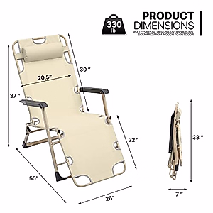 MoNiBloom Folding Beach Lounge Chair, Fixed 135° Angles Patio Outdoor Furniture Camping Pool Side Beach Lawn Lounger Chair with Adjustable Headrest for Lawn Backyard, 330lbs Capacity