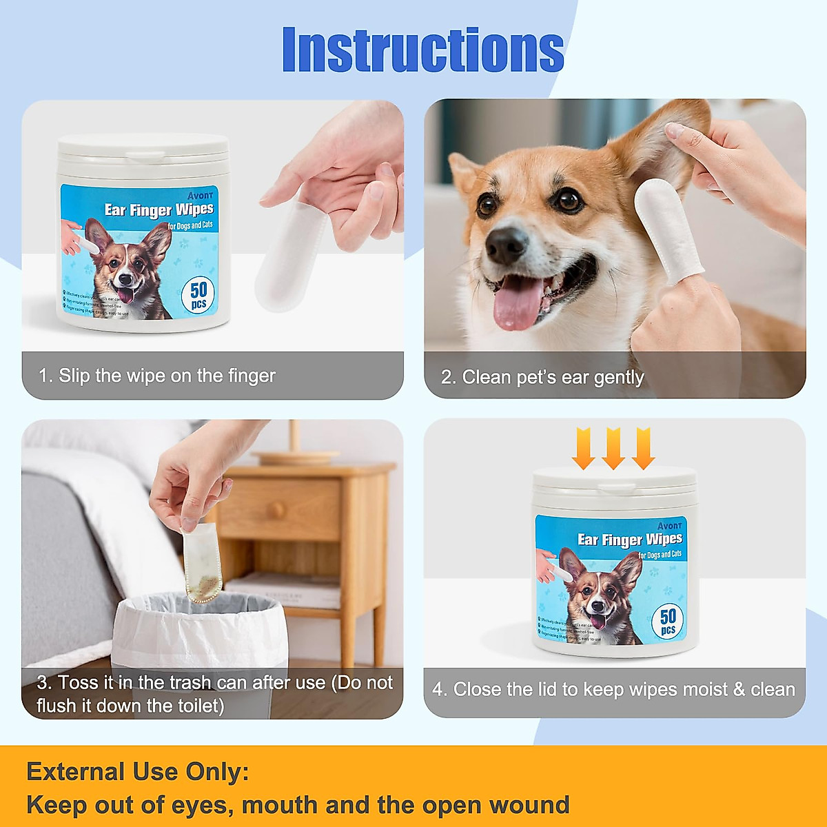 Avont 1 Pack Dog Ear Cleaner Wipes, Gentle Ear Relief Cleaning Finger Sheath for Cats Pets, 50 Disposable Pieces