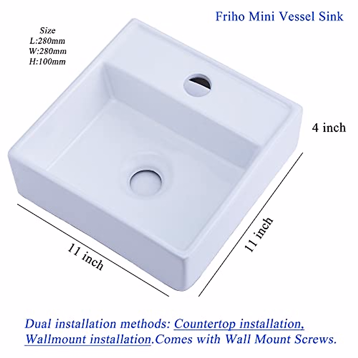 Friho 11×11×4 inch Small Sinks for Tiny Bathrooms,Countertop Sink,Wall Mount Sink,White Corner Wall Mounted Bathroom Vessel Sink,Mini Rectangle Lavatory Porcelain Ceramic Washing Bathroom Vanity Sink