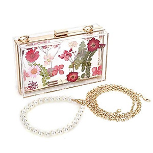 YUSHINY Women Acrylic Clear Clutch Transparent Purse True Flower Inlay with Removable Pearl Strap (Rose)