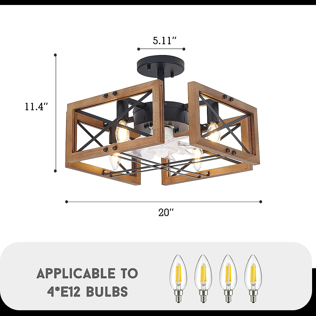 Farmhouse Ceiling Fans with Lights, Wood Flush Mount Ceiling Fan Lights with Remote Control,Caged Indoor Ceiling Fan with Light for Living Room,Bedroom,Kitchen