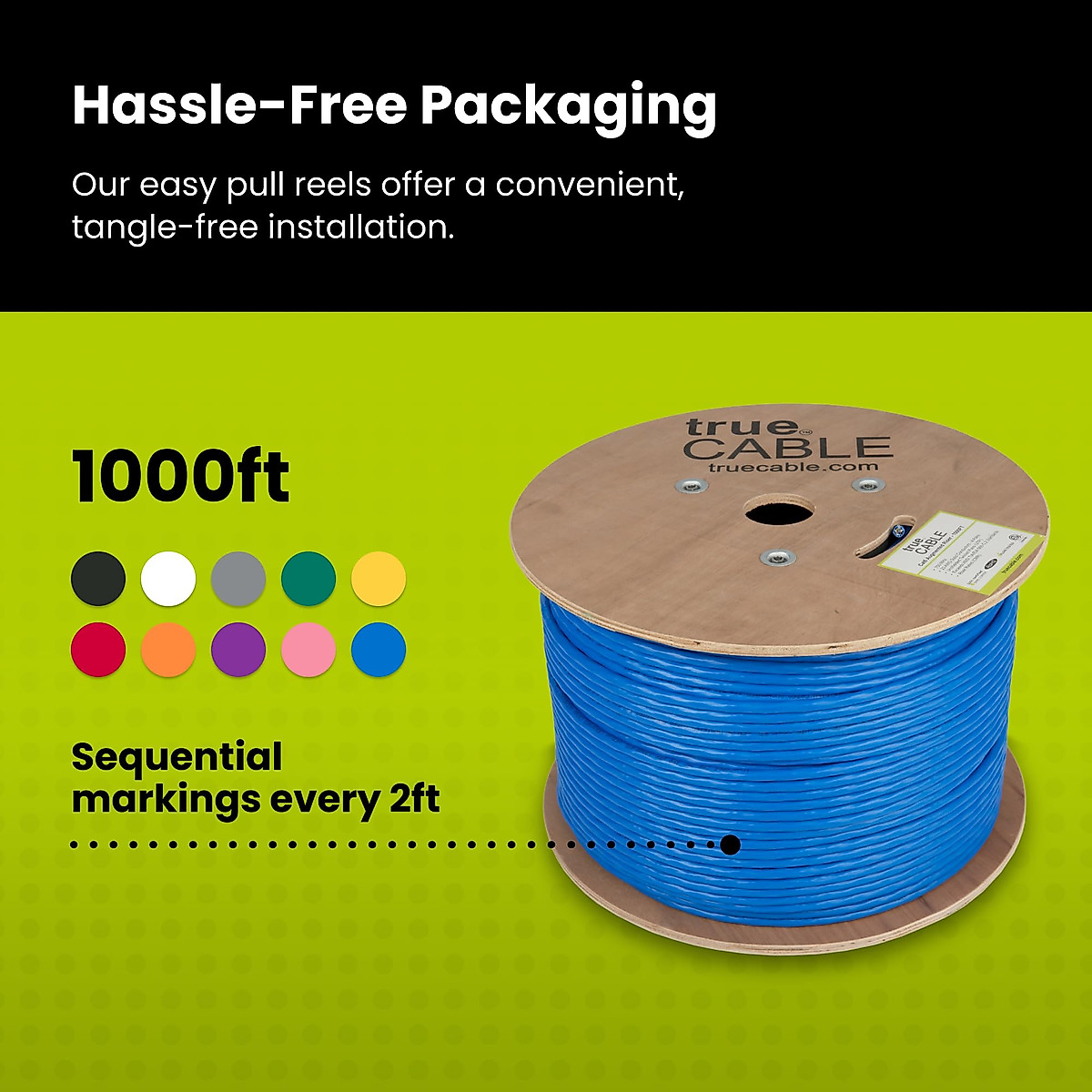 trueCABLE Cat6A Riser (CMR), 1000ft, Blue, 23AWG 4 Pair Solid Bare Copper, 750MHz, PoE++ (4PPoE), ETL Listed, Unshielded Twisted Pair (UTP), Bulk Ethernet Cable