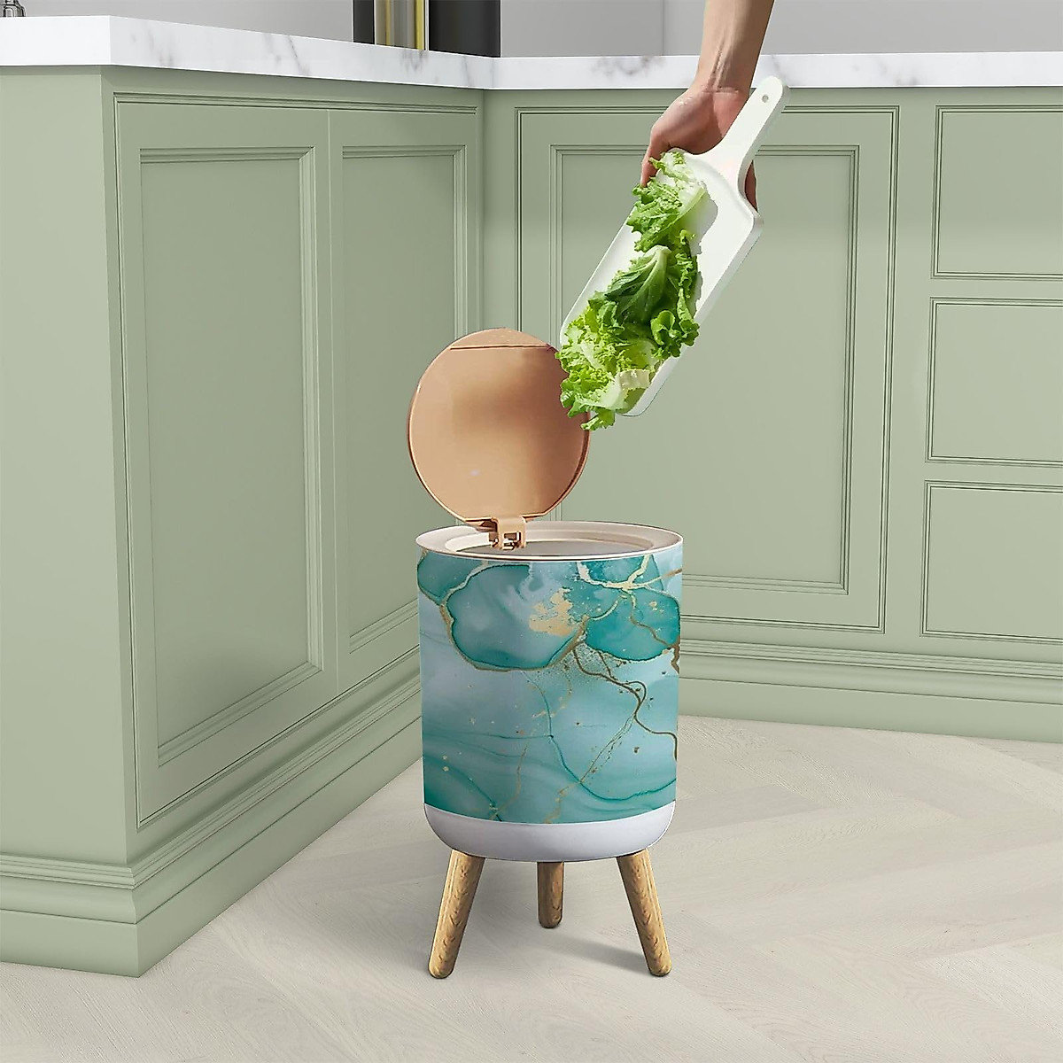PHAIBHKERP Trash Can with Lid Pastel Cyan Mint Liquid Marble Watercolor Gold Lines Brush Garbage Can Round Waste Bin Press Cover Dog Proof Wastebasket for Kitchen Bathroom Living Room Nursery 1.8gal