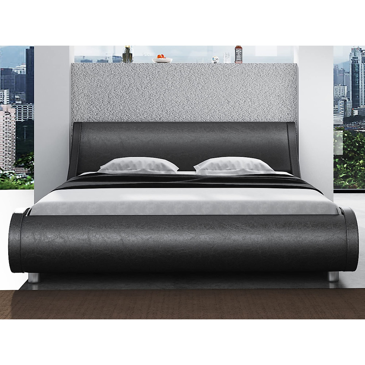 SHA CERLIN Modern Low Profile Platform Bed Frame Queen Size, Stylish Faux Leather Upholstered Sleigh Bed with Adjustable Headboard, No Box Spring Needed, Glossy Black
