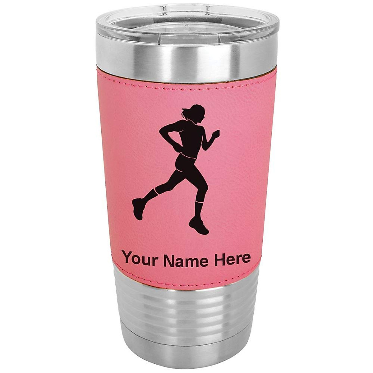 LaserGram 20oz Vacuum Insulated Tumbler Mug, Running Woman, Personalized Engraving Included (Faux Leather, Pink)