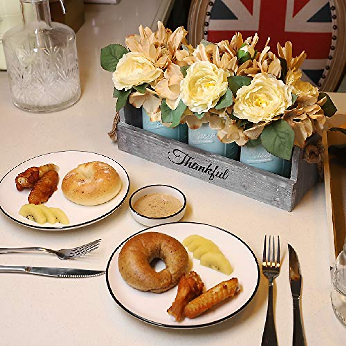 GBtroo Mason Jar Dining Table Centerpieces - Coffee Table Decor with 3 Mason Jars and Flowers - Farmhouse Home Decor Rustic Living Room and Kitchen Decoration Center Piece Farmhouse Centerpieces For Dining Room Table