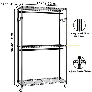 Finnhomy 47.2" L Metal Clothes Rack for Hanging Clothes 25mm Dia Tube Heavy Duty Garment Rack with 3-Tier Shelves/ Double Hanging Rods/ Lockable Wheels, Portable Closet Storage Rack Freestanding Wardrobe Closet Organizer