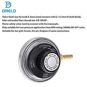 DRELD Low Pressure One Pound Adjustable Propane Tank Gas Regulator Knob, Table Top Control Valve with 1/4" Quick Barb Connection and 1"-20 Female Throwaway Cylinder Thread Inlet