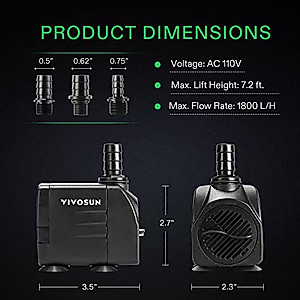 VIVOSUN 480GPH Submersible Pump(1800L/H, 25W), Ultra Quiet Water Pump with 7.2ft High Lift, Fountain Pump with 5ft Power Cord, 3 Nozzles for Fish Tank, Aquarium, Statuary, Hydroponics