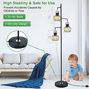 DLLT Industrial Floor Lamp, 3-Light Farmhouse Tree Standing Lamps with Metal Rattan Cage Shape, Tall Pole Reading Lighting for Corner Living Room Bedroom Office, 3000K 8W E26 Bulbs Included, UL Listed