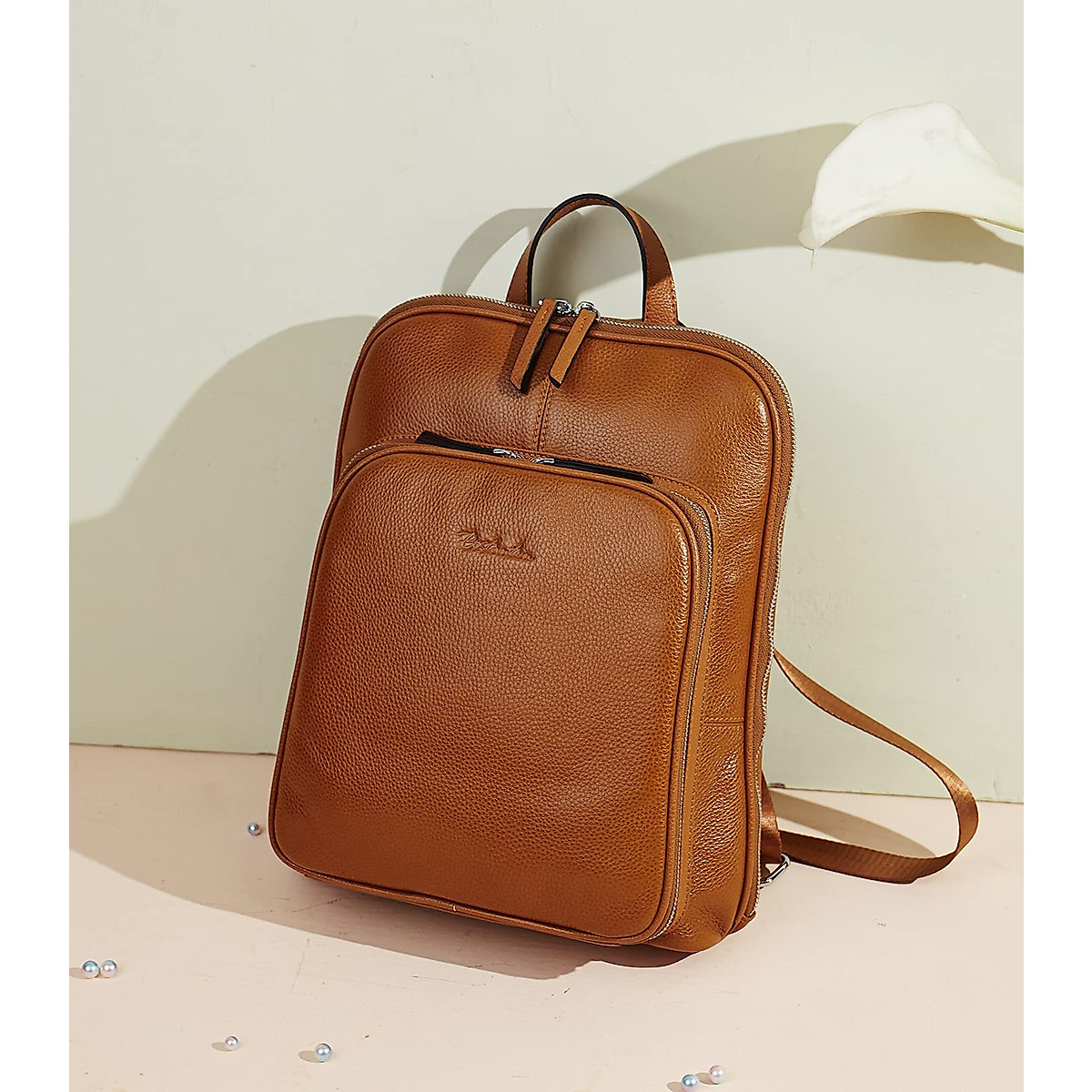 BOSTANTEN Genuine Leather Backpack Purse for Women Casual College Travel Bags Brown