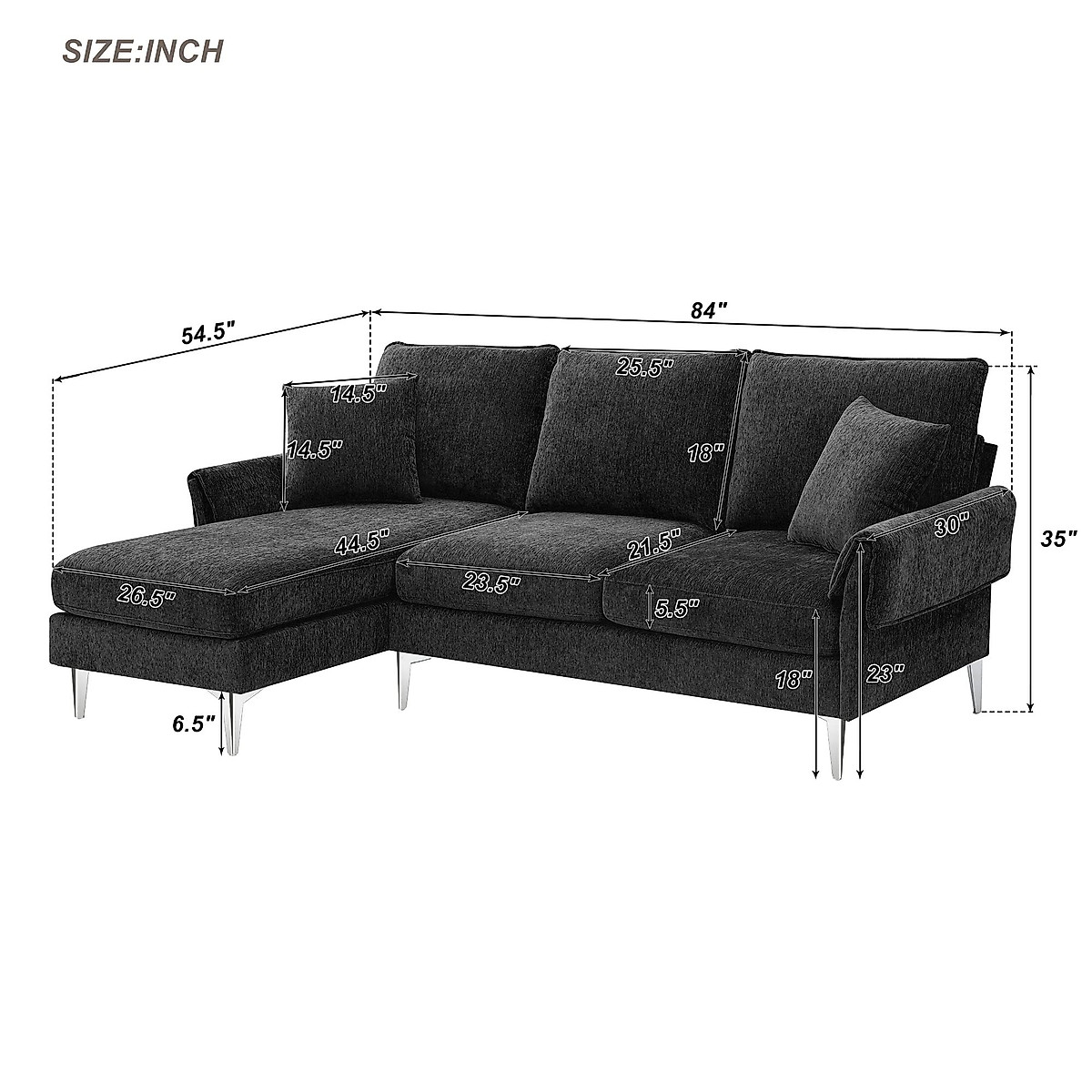 L-Shaped Sofa with Chaise Lounge, Reversible Sectional Sofa Couch with 2 Pillows, Upholstered Couch for Living Room, Bedroom, Small Space (Black)