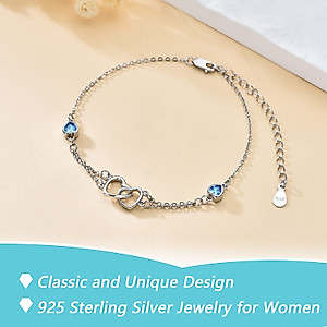 Light Blue Bracelet for Women 925 Sterling Silver Double Heart Bracelets Aquamarine Dainty Beach Jewelry Friendship Heart Chain March Birthstone Jewelry for friend Best Friends
