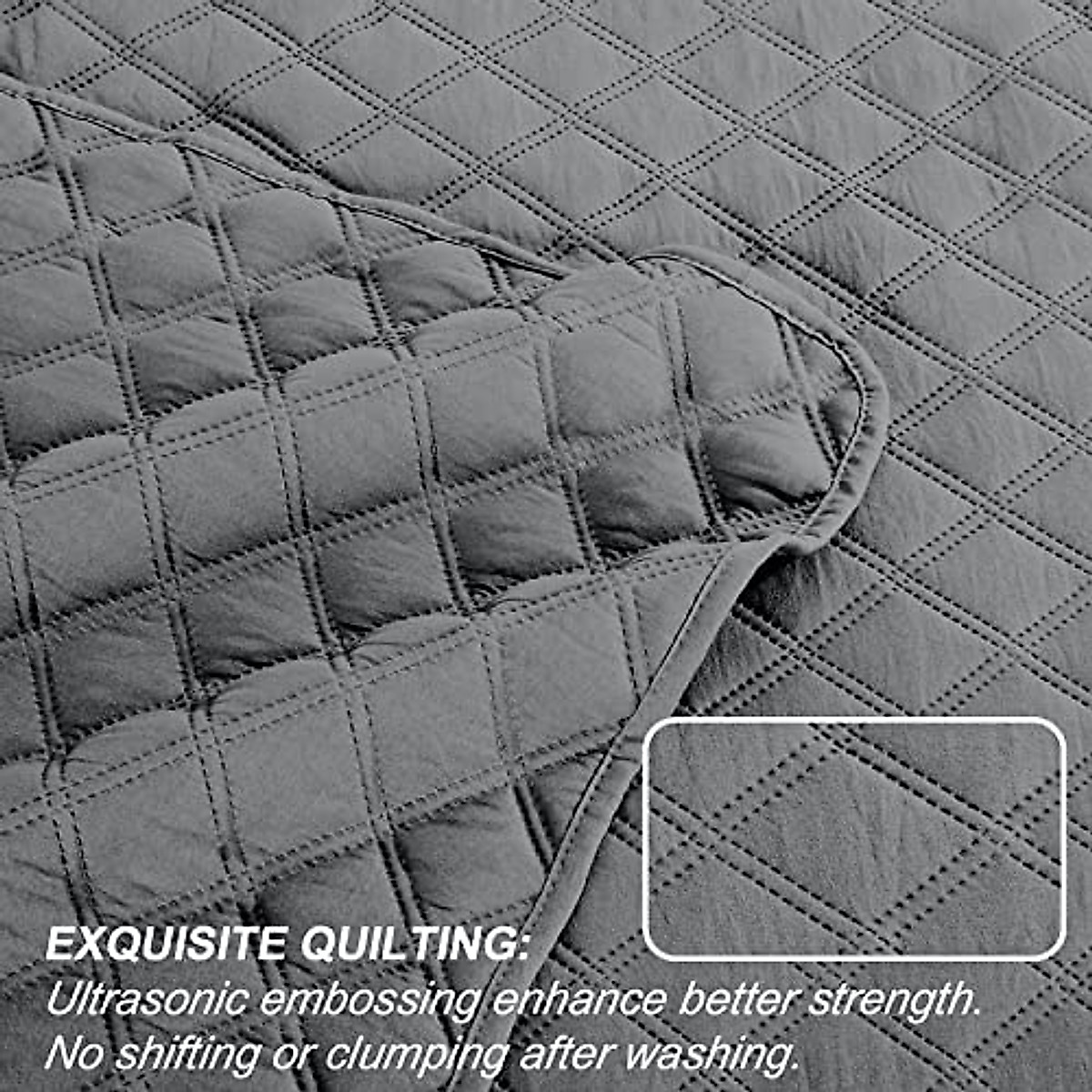 Exclusivo Mezcla 3-Piece Gray King Size Quilt Set, Box Pattern Ultrasonic Lightweight and Soft Quilts/Bedspreads/Coverlets/Bedding Set (1 Quilt, 2 Pillow Shams) for All Seasons