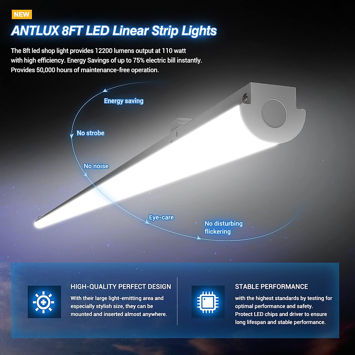 ANTLUX 8FT LED Shop Lights 110W [6-lamp T8 Fluorescent Equiv.], 12000LM, 5000K, Compact Commercial Grade 8 Foot LED Strip Lights for Warehouse Garage, Suspended and Flush Mount Ceiling Light, 8 Pack