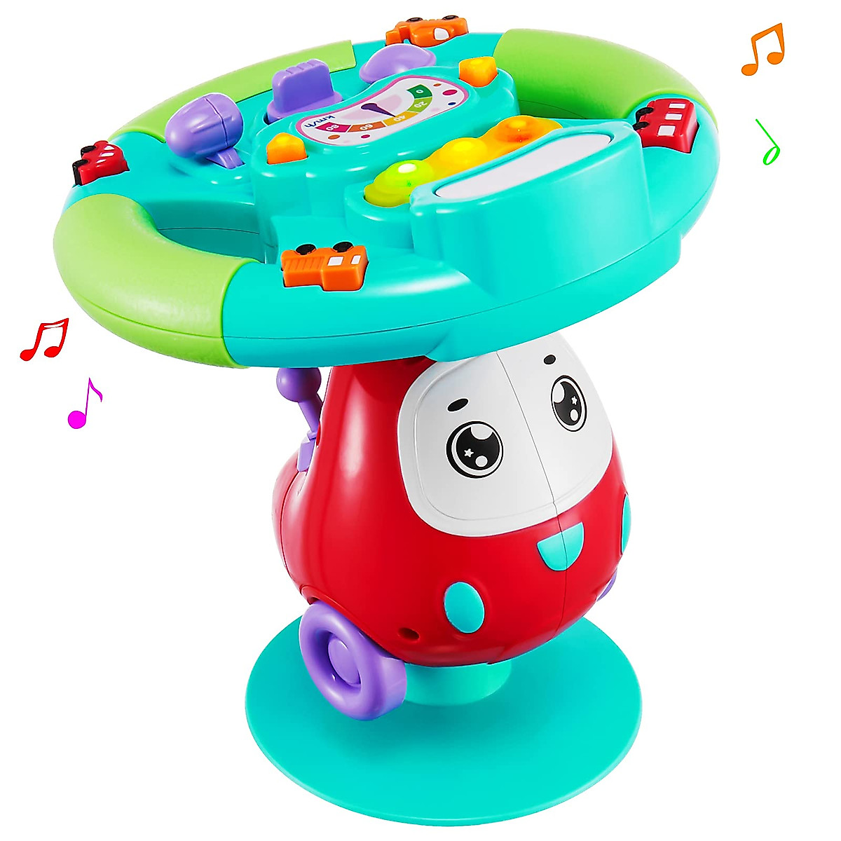 Bibibi Suction Toys for Baby Steering Wheel Toy with Music and Car Sound, Sensory Toys for 1 Year Old, 1st First Birthday Gifts Boys Suction Cup Toys 12 18 Months Girls Toddler Kid 1 3