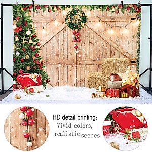 Haboke 10x8ft Soft Fabric Rustic Christmas Barn Wood Door Backdrop for Photography Xmas Tree Snow Gift Wall Floor Party Photo Background Family Holiday Supplies Banner Decorations Studio Prop Pictures