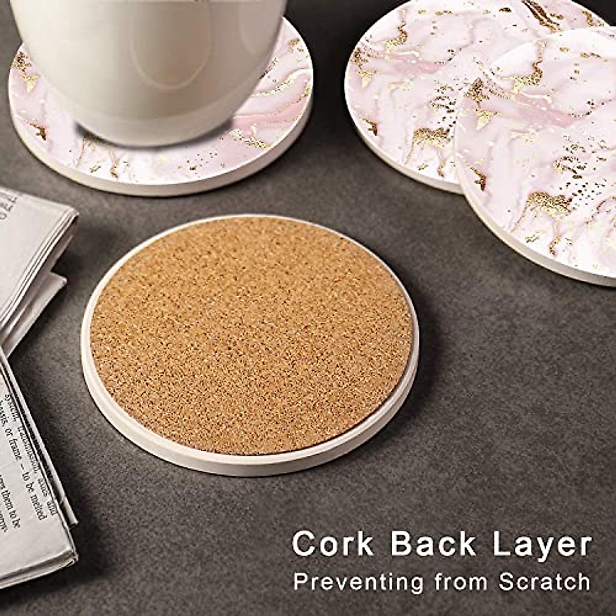 Lahome Pink Coasters for Drinks Absorbent with Holder,Set of 6 Marble Pattern Ceramic Stone Coaster Set with Cork Backing for Mugs Cups Wooden Coffee Table Protection,4 Inches