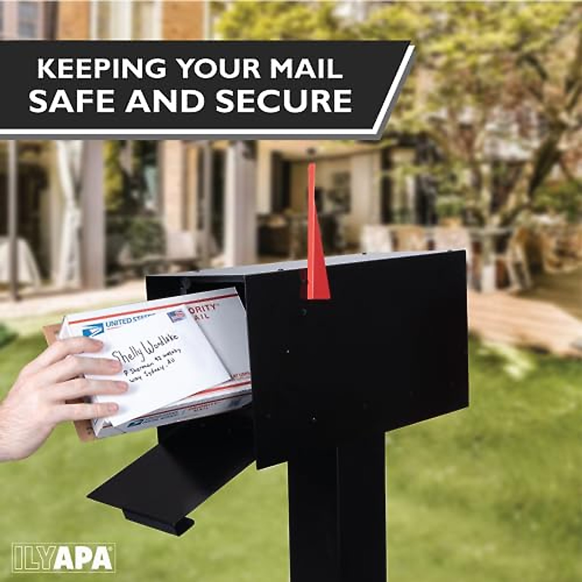 Ilyapa Tab Design Mailbox, Ready to Post Mount - All Black Powder Coated Steel Heavy Duty Curbside Welded Mailbox, All Weather Durable & Corrosion Resistant, Stainless Steel Hinges & Magnetic Door