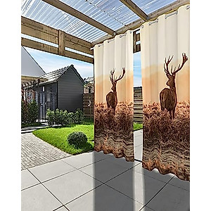 HERBED Outdoor Curtains for Patio 1 Panel Deer in The Grassland Under The Sunrise Waterproof Privacy Outside Curtain Sun Blocking Grommet Blackout Drapes for Porch Gazebo Pergolas Balcony 52x108 Inch