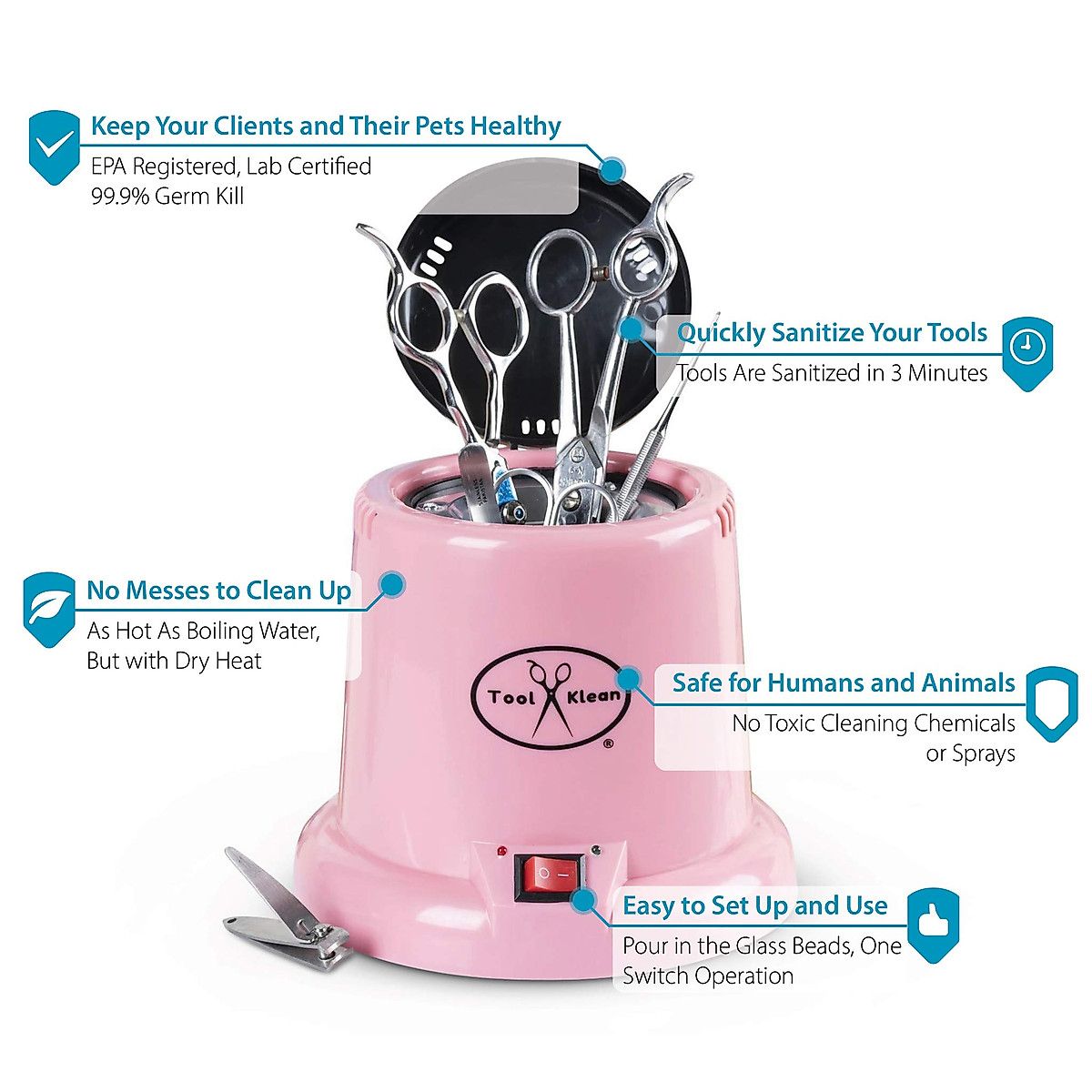 Tool Klean Pro Sanitizer for Nail Tools - USA Professional Grade Sanitizing Machine - Salons, Barbers, Grooming, Manicure, etc. - EPA Registered, Lab Certified 99.99% Germ Kill in 3 Mins - Pink