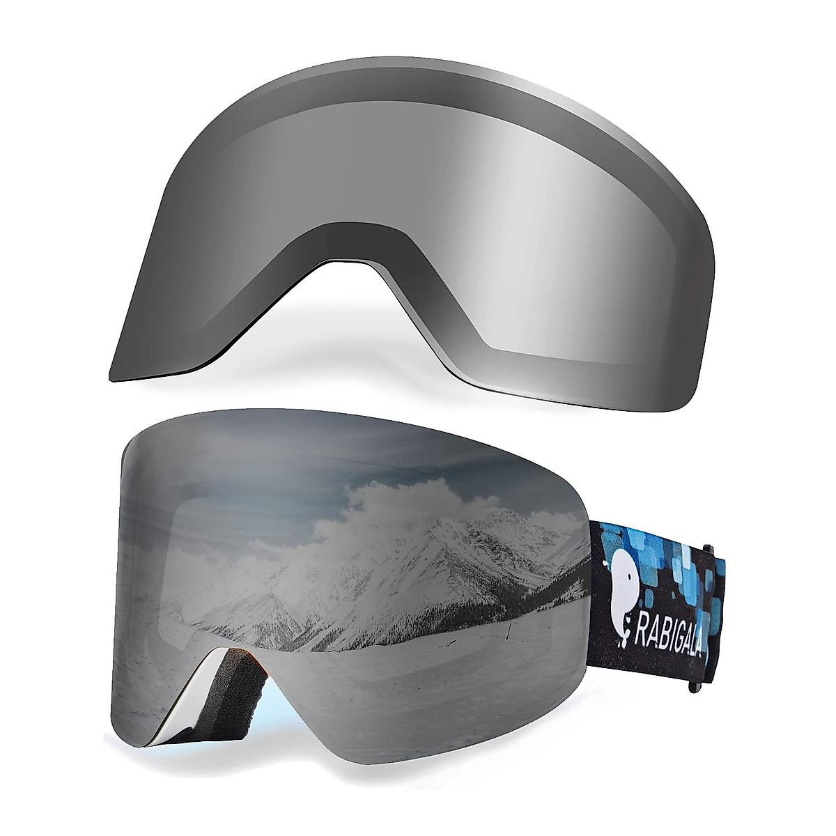 RABIGALA Ski Goggles with Detachable Lens, Frameless Magnetic Interchangeable Lens Anti-Fog 100% UV Protection Snowboard Snow Goggles (silver/silver)