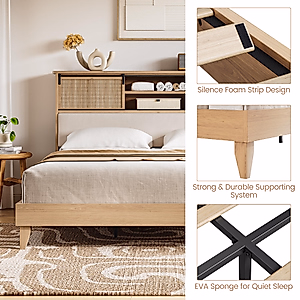 GarveeHome Rattan King Bed Frame with Sliding Door Shelf Headboard, Bohemian Rattan Bed Frame King Size with Shelves, Solid Wood Foundation with Silent Slats, No Box Spring Needed, Natural